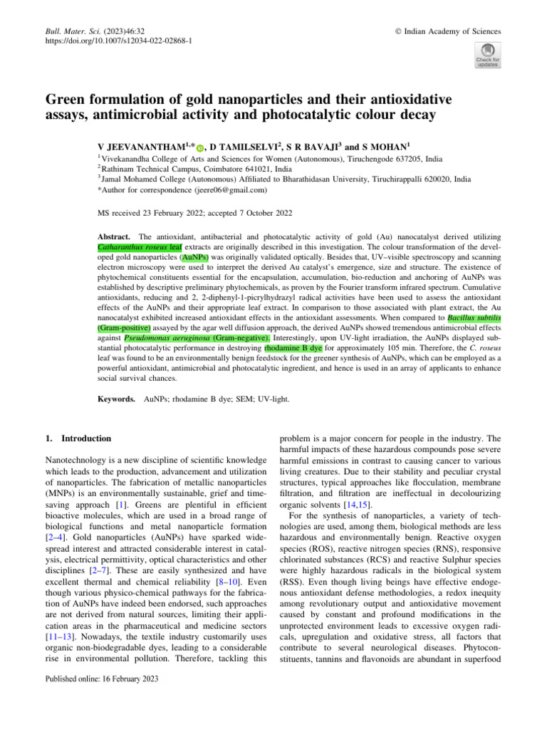 Green Formulation of Gold Nanoparticles and Their Antioxidative Assays ...