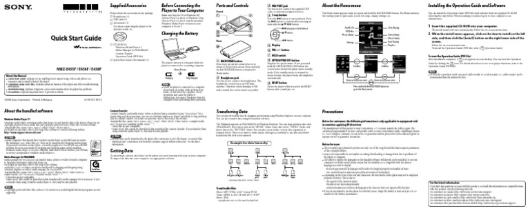 Quick Start Guide: NWZ-E435F / E436F / E438F | PDF
