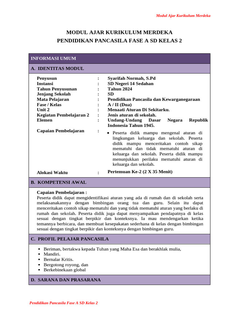 Modul Ajar PPKn Kelas 2 - BAB 2 Normah | PDF