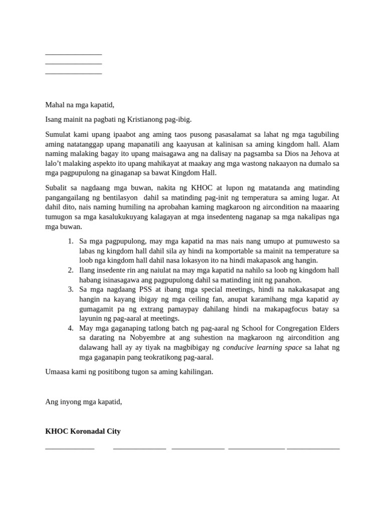 Letter For Aircon Request | PDF | Home & Garden | Science & Mathematics