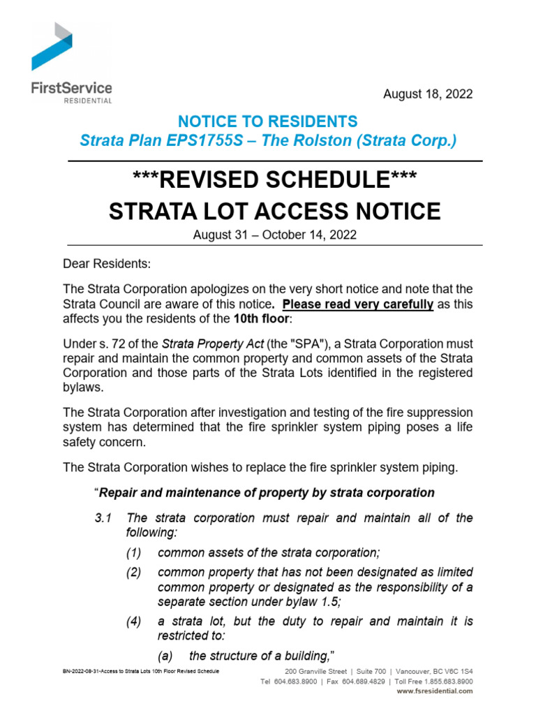 BN-2022!08!31-Access To Strata Lots 10th Floor Revised Schedule | PDF