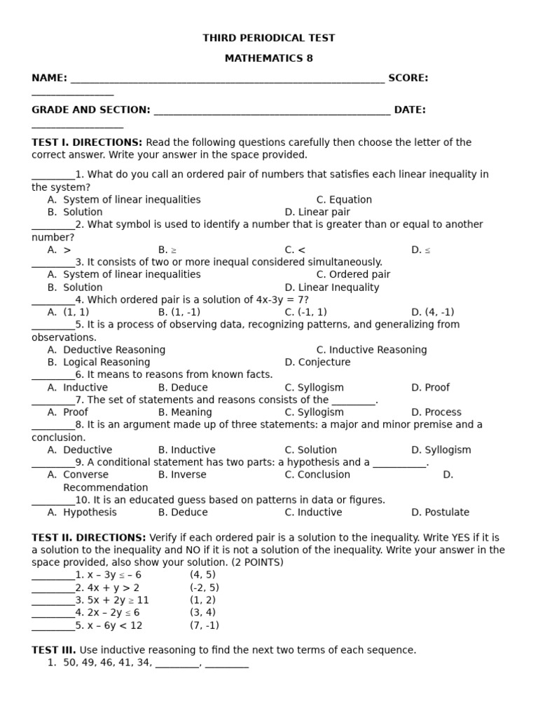 THIRD - PERIODICAL - TEST Math 8 | PDF | Inequality (Mathematics ...