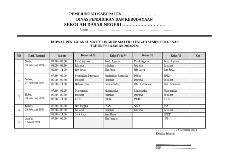 Jadwal Penilaian Sumatif Tengah Semester Genap TP 2023-2024. | PDF