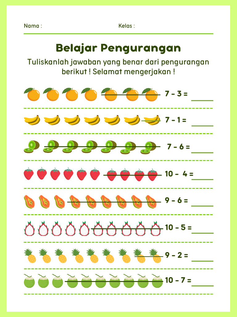 Hijau Ilustrasi Belajar Pengurangan Lembar Kerja Sekolah | PDF