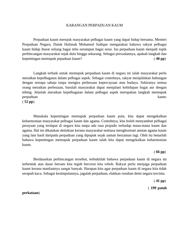 KARANGAN PERPADUAN KAUM (Karangan Lengkap) | PDF