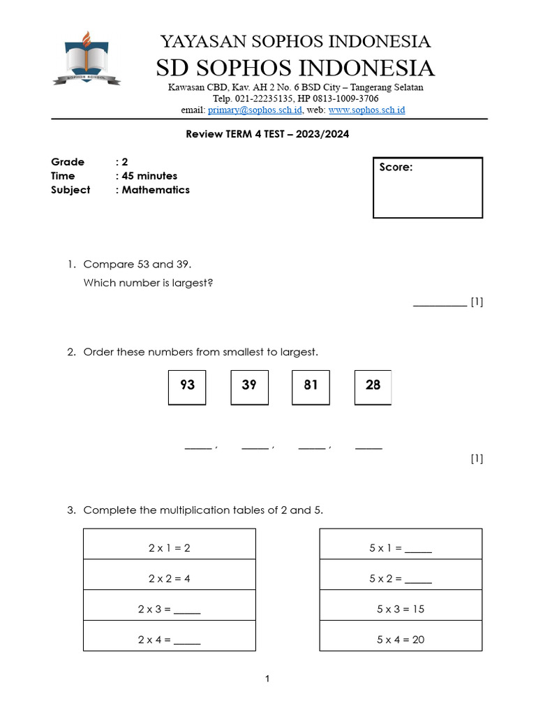 Review G2 Mathematics Written Term 4 Test | PDF