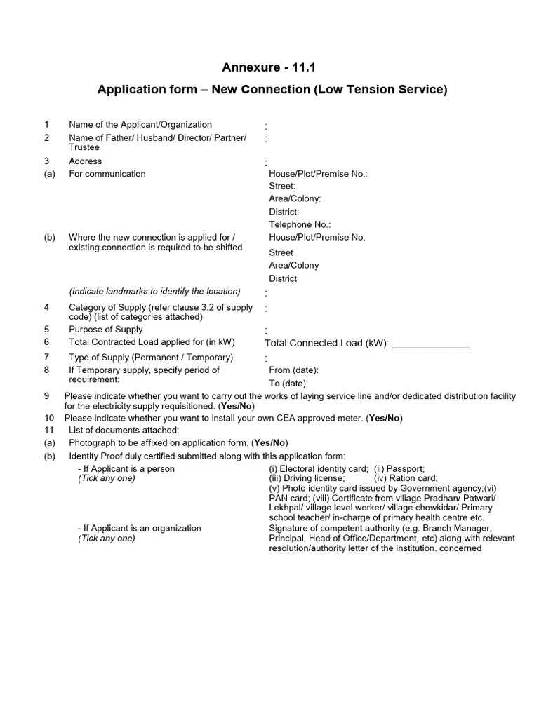 New Low Tension Connection Form | PDF | Identity Document