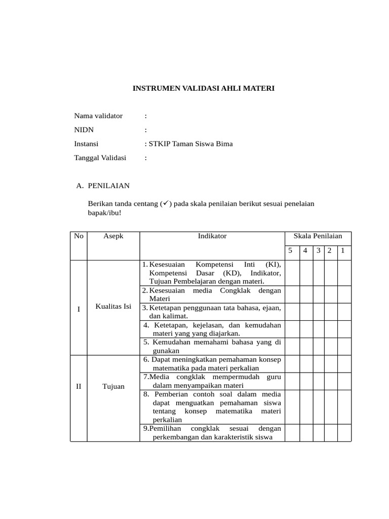 Instrumen Validasi Materi Wibi 1 | PDF