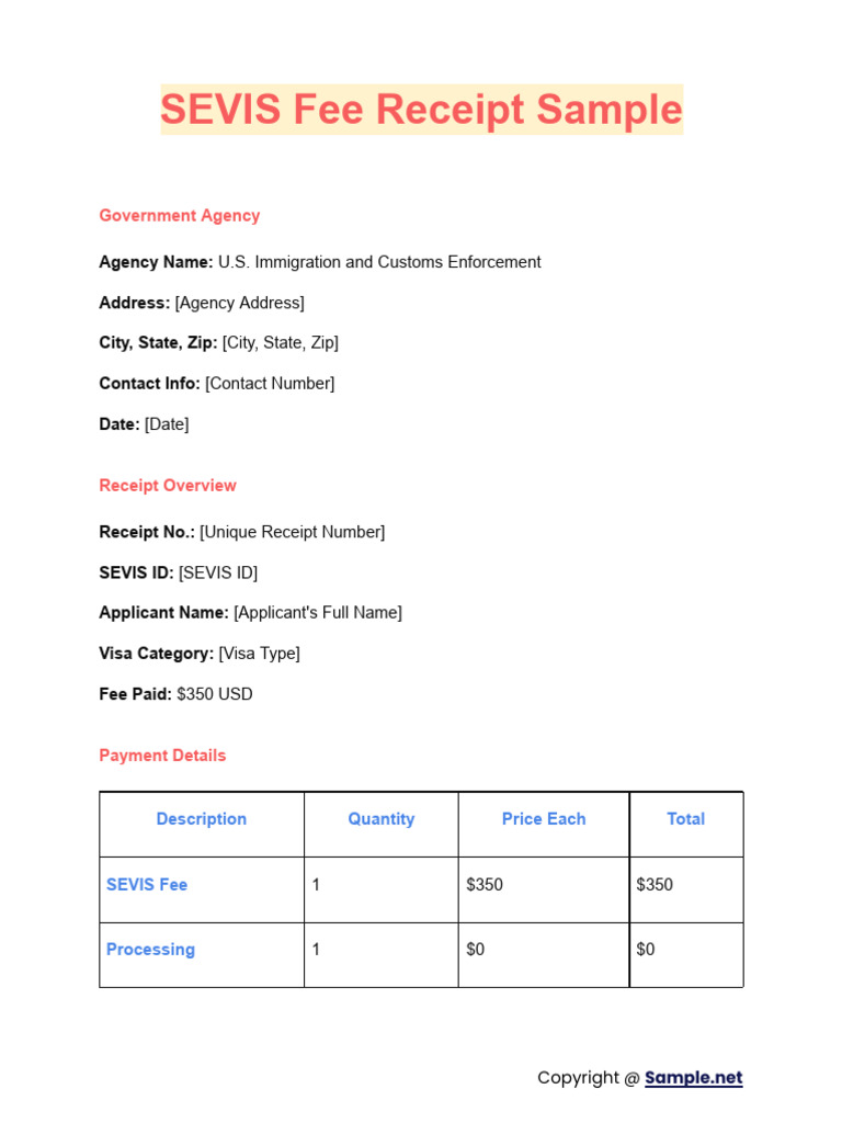 SEVIS Fee Receipt Sample | PDF