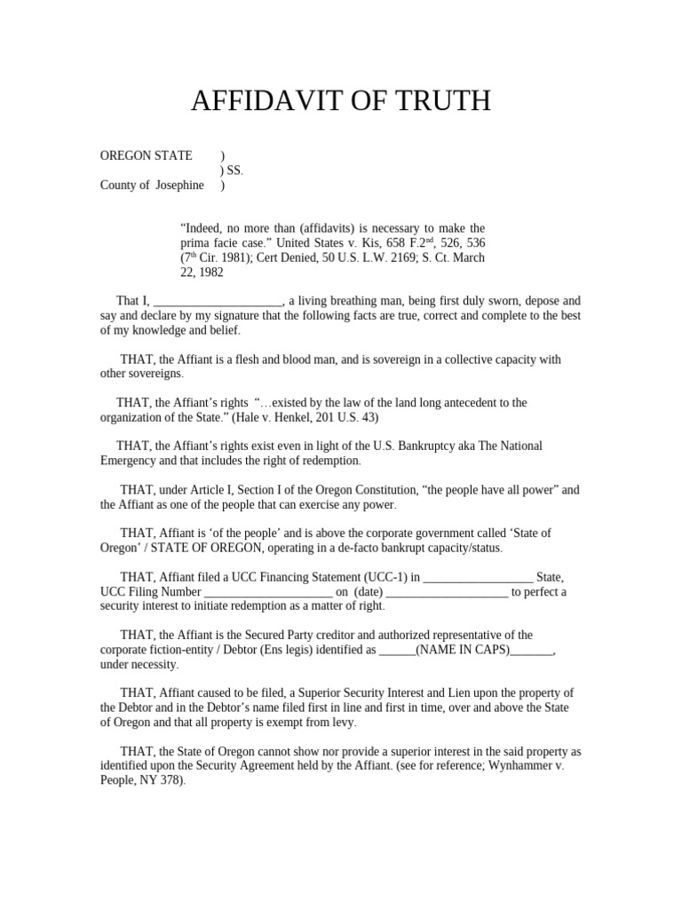 Affidavit of Truth Generic | PDF | Affidavit | Security Interest