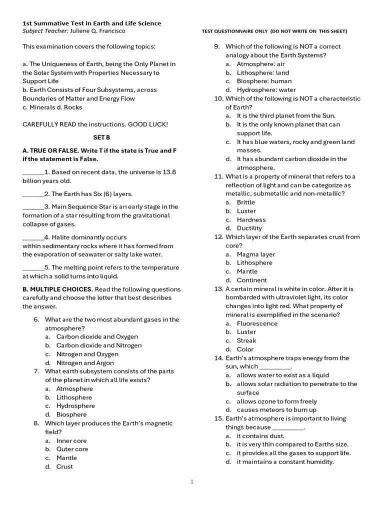 Earth and Life Science Test Questionnaire | PDF | Earth | Atmosphere