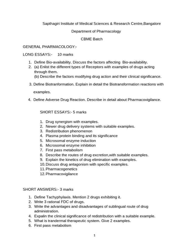 CBME - Pharmacology Question Bank - Final | PDF