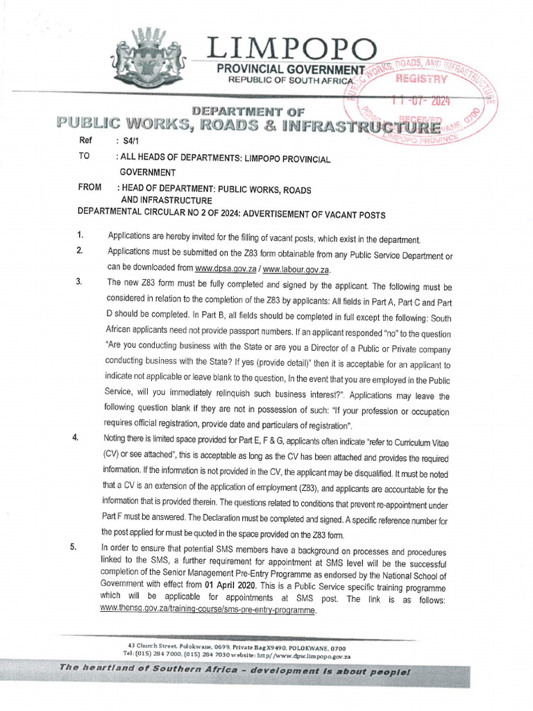 Departmental Circular No 2 of 2024 Advertisement of Vacant Posts in The Department of Public ...