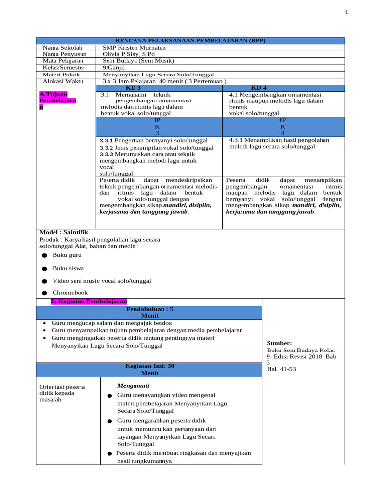RPP Seni Budaya Kls 9 | PDF