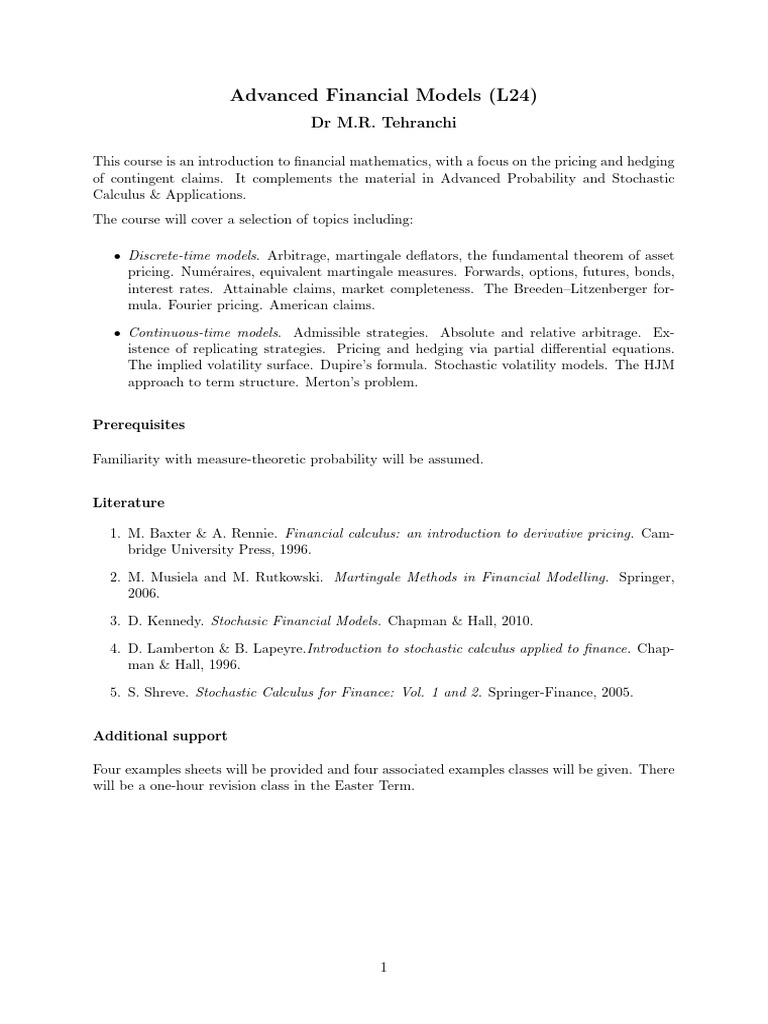 CU Advanced - Financial - Models - Tehranchi | PDF