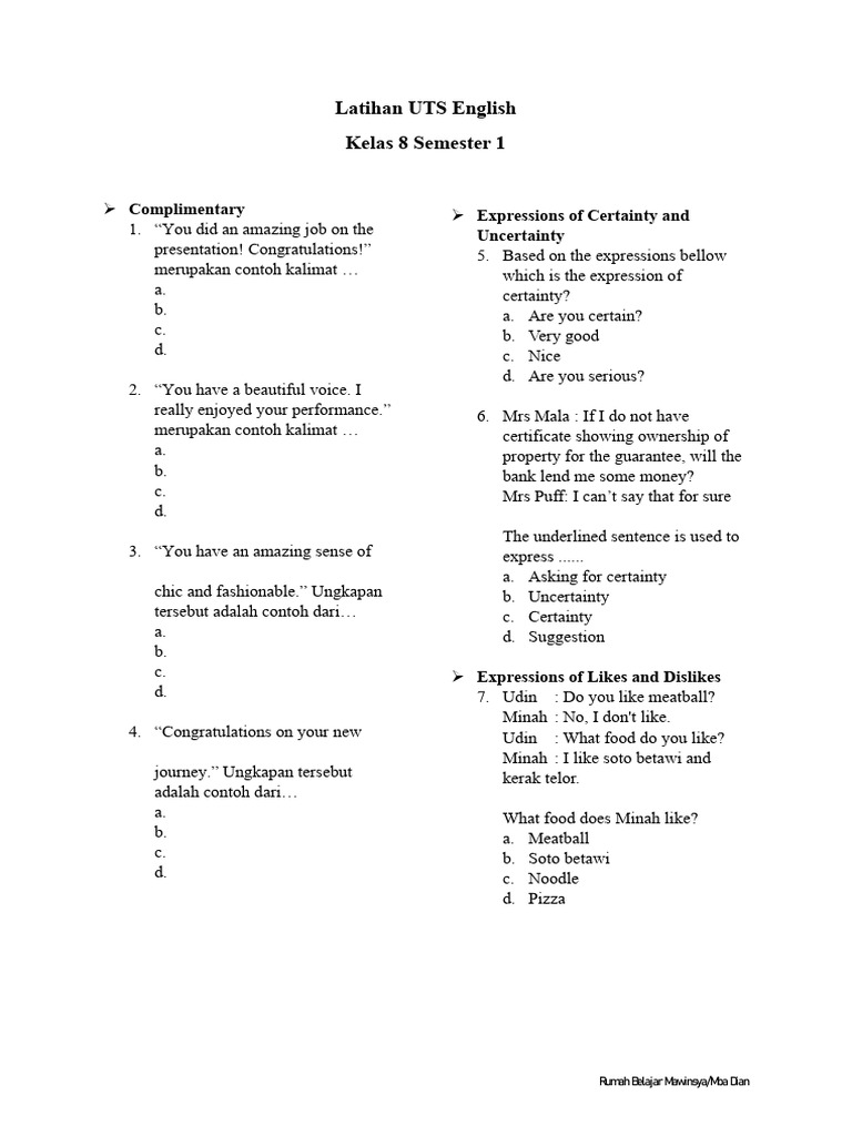 Latihan UTS English Kelas 8 Sem 1 | PDF