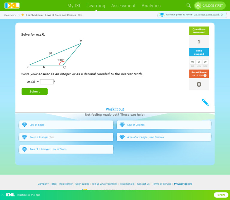 IXL - Checkpoint Laws of Sines and Cosines (Geometry Practice) | PDF