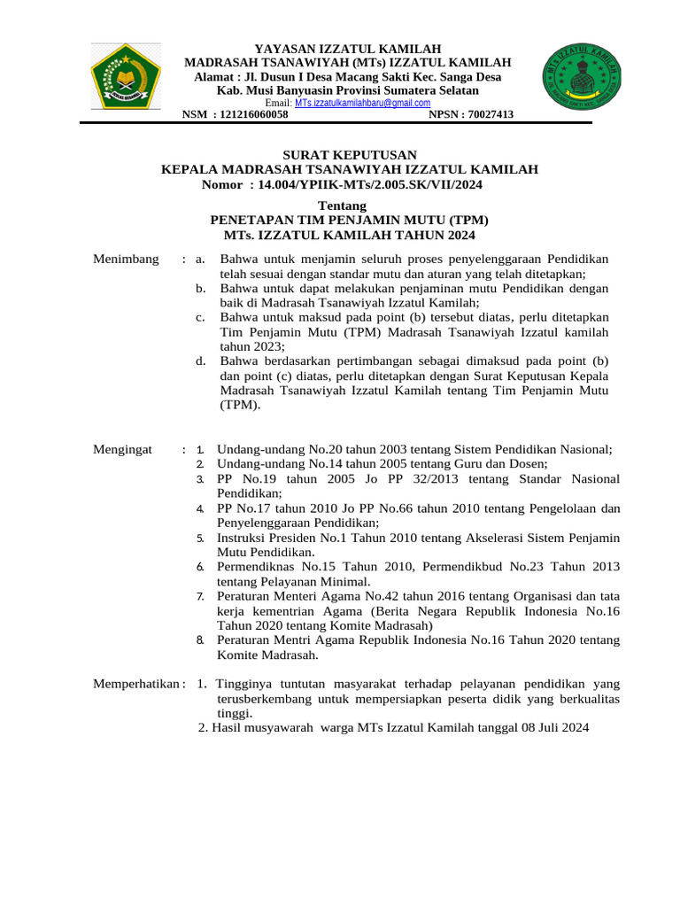 SK Tim Penjamin Mutu 2024-2025 | PDF