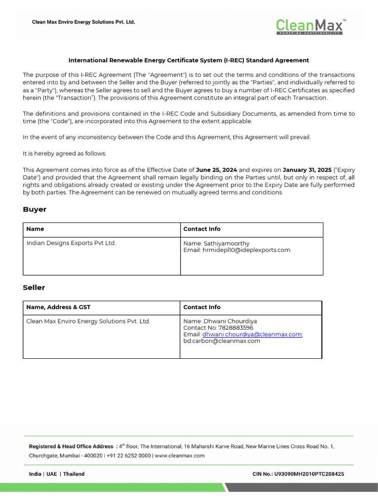 2024.06.27 - I-REC Purchase Agreement Indian Design Exports PVT Ltd ...