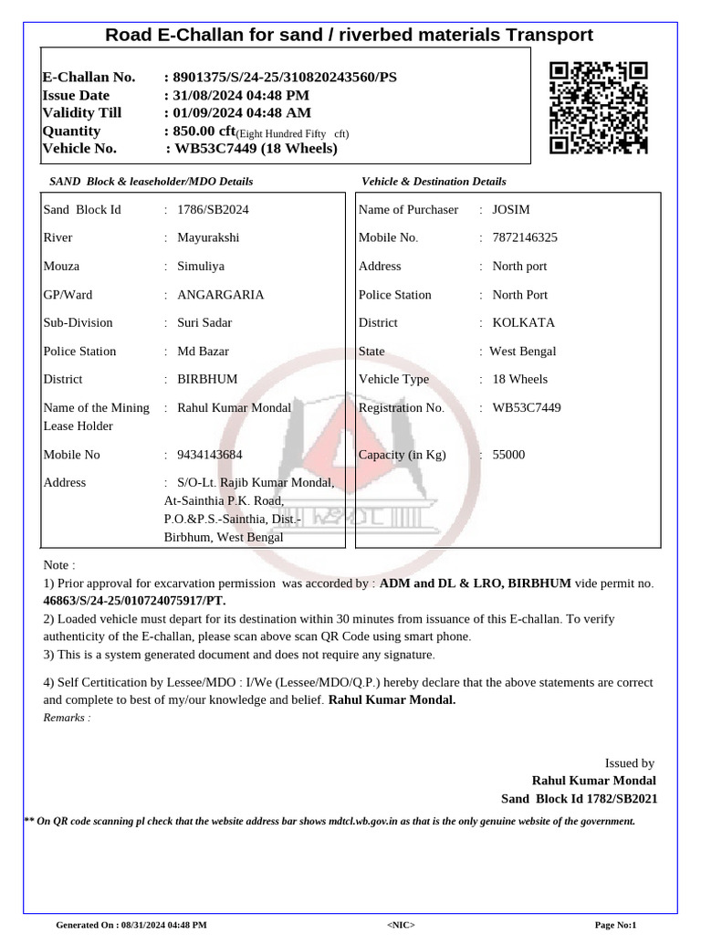 Road E-Challan For Sand / Riverbed Materials Transport | PDF