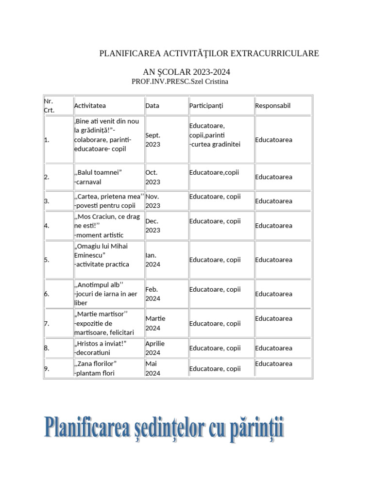 3 - Planificare - Activitati - Extracurriculare - +öedin+øe Cu P-Ârin ...