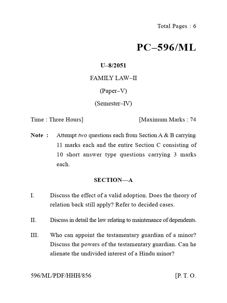 Family Law Question Paper (Semester 4) | PDF | Kinship And Descent | Law