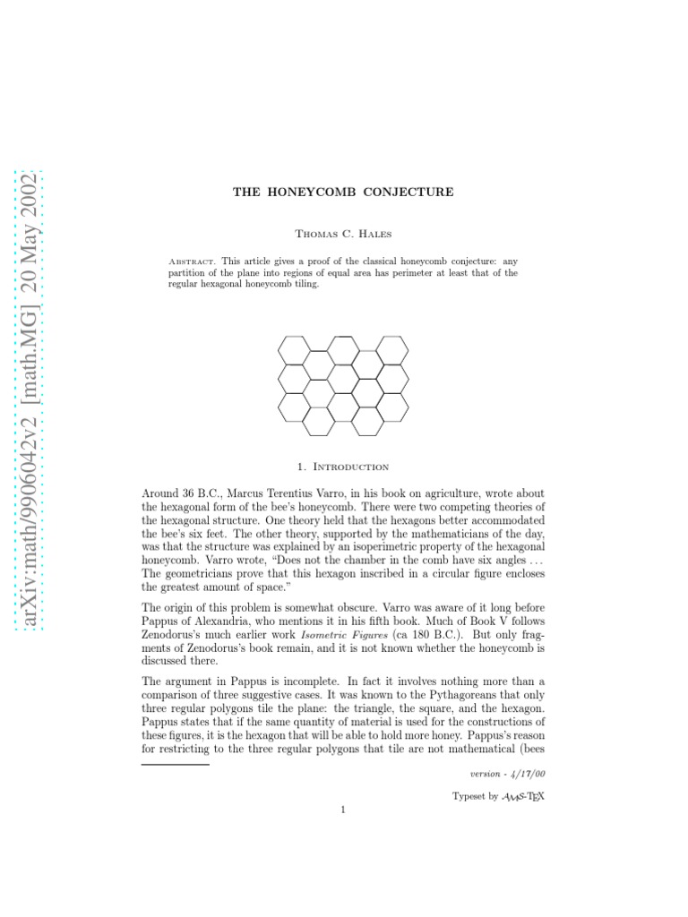 Thomas C. Hales - The Honeycomb Conjecture | PDF | Compact Space ...