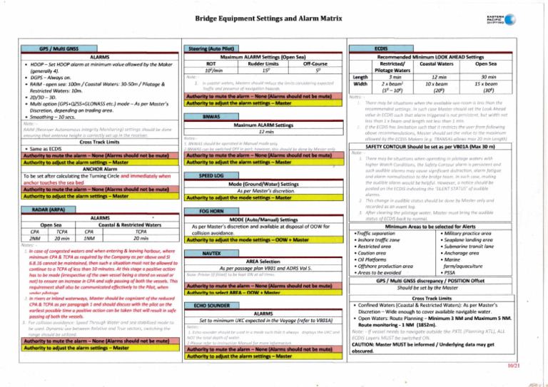 Bridge Equipment Setting & Alarm Matrix | PDF
