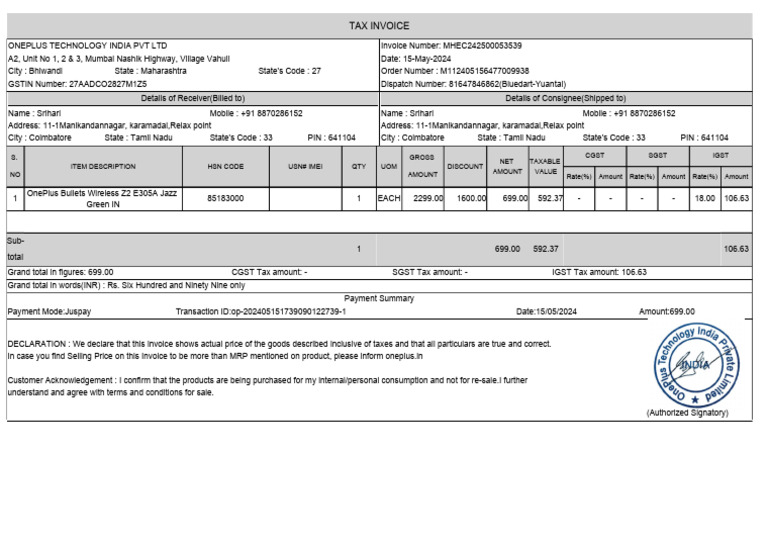 OnePlus Tax Invoice for Wireless Z2 | PDF | Invoice | Taxation