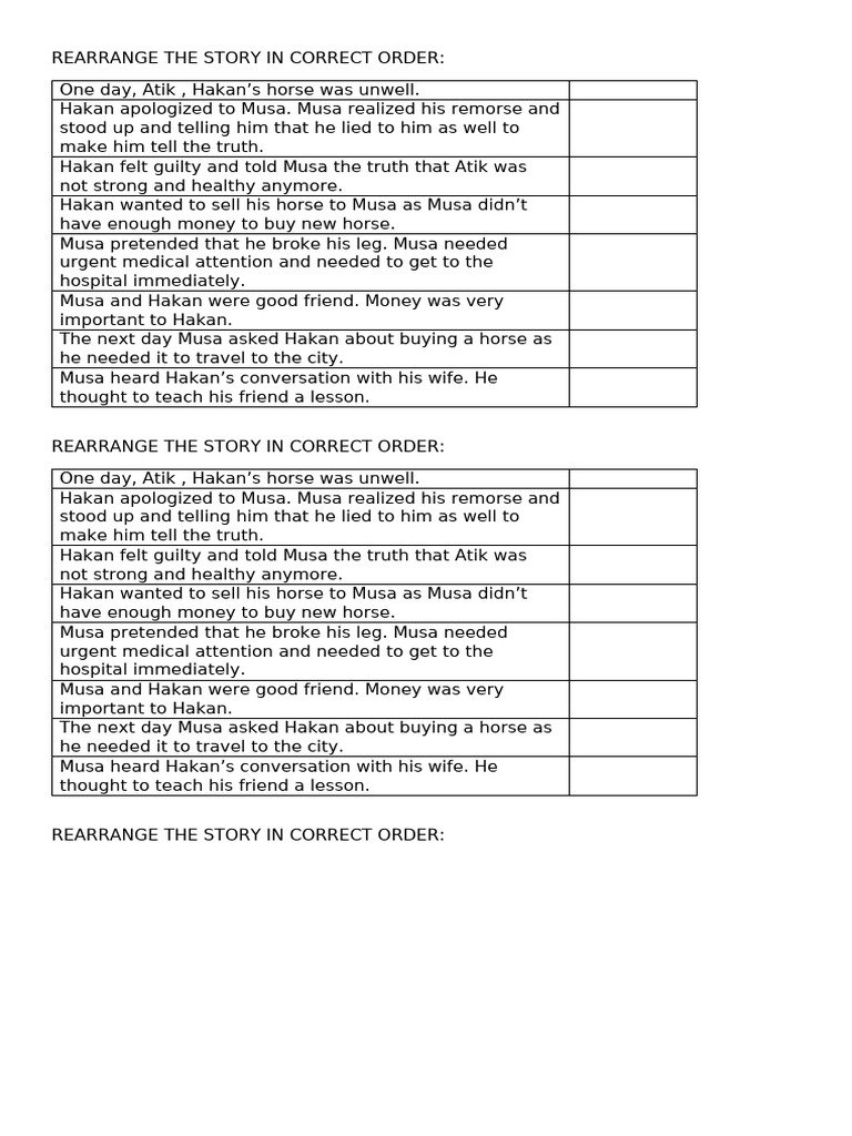 Rearrange The Story in Correct Order Hakan N Musa Year 6 | PDF