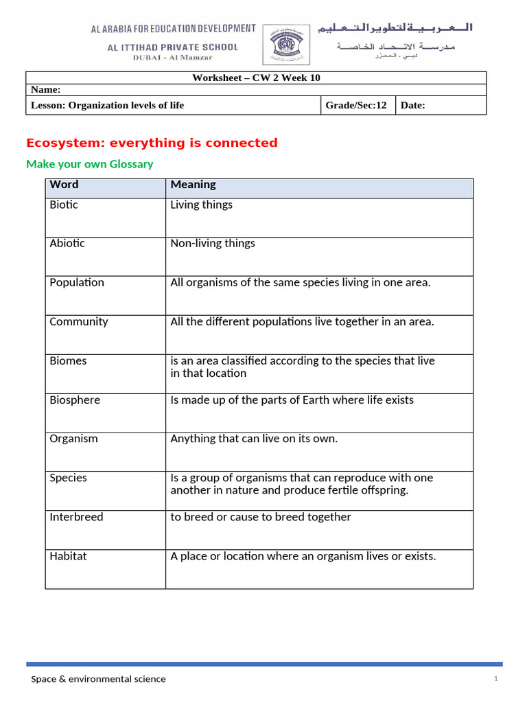 CW2 W10 Ecosystem Glossary | PDF