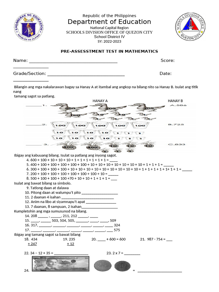 Pre-Test - Mathematics 2 | PDF