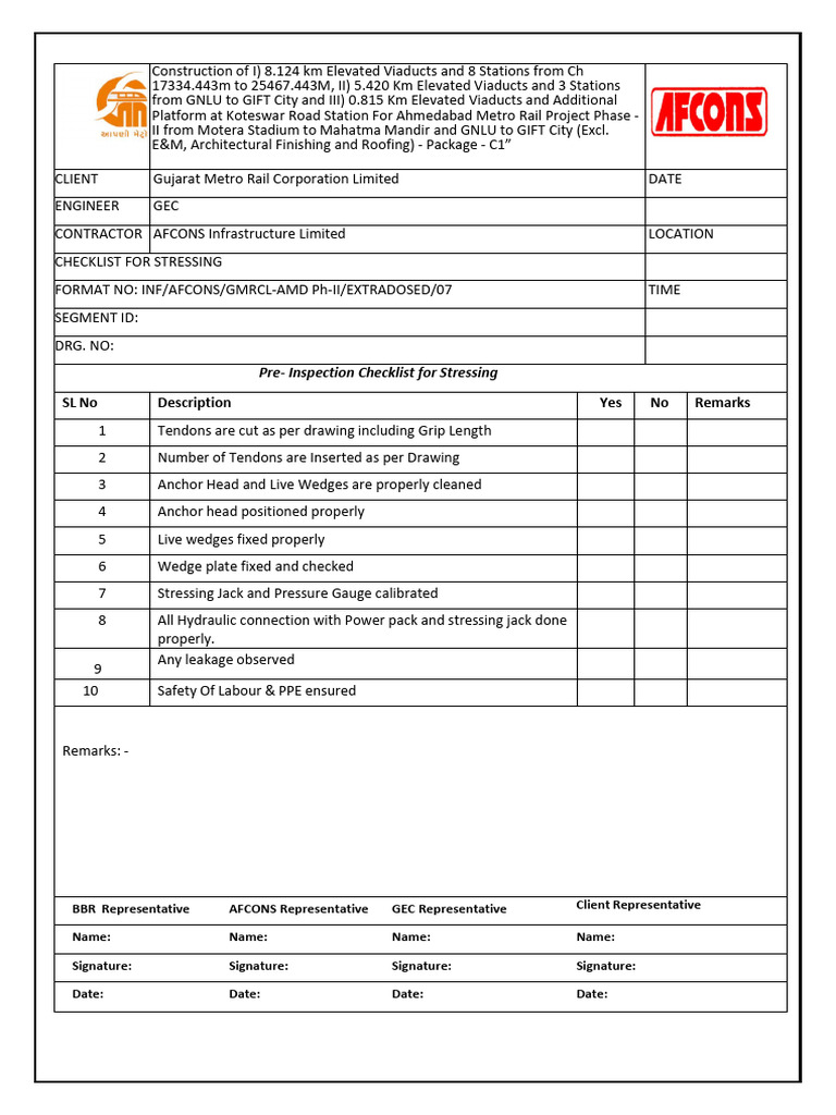 Pre-Inspection Checklist For Stressing | PDF
