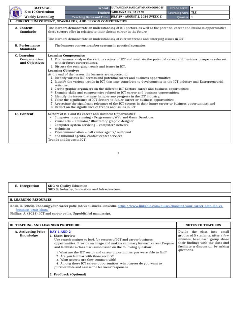 DLL Matatag - Tle 7 Q1 W1 | PDF