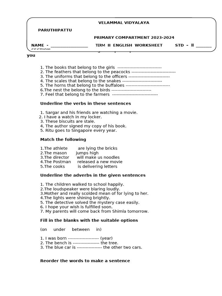 CLASS 3 TERM II ENGLISH WORKSHEET | PDF CLASS 3 TERM II ENGLISH WORKSHEET | PDF