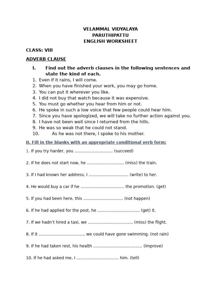 adverb clause - class 8 | PDF