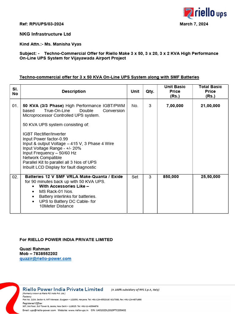 NKG Infra LTD - 3X50, 3X20, 3X2 KVA Riello UPS (Vijaywada Airport) | PDF