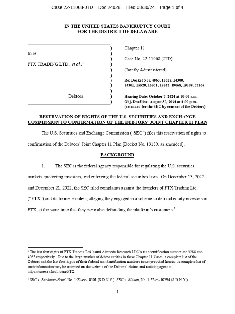 SEC's Motion On FTX's Restructuring Plan | PDF | Chapter 11 | U.S. Securities And Exchange ...