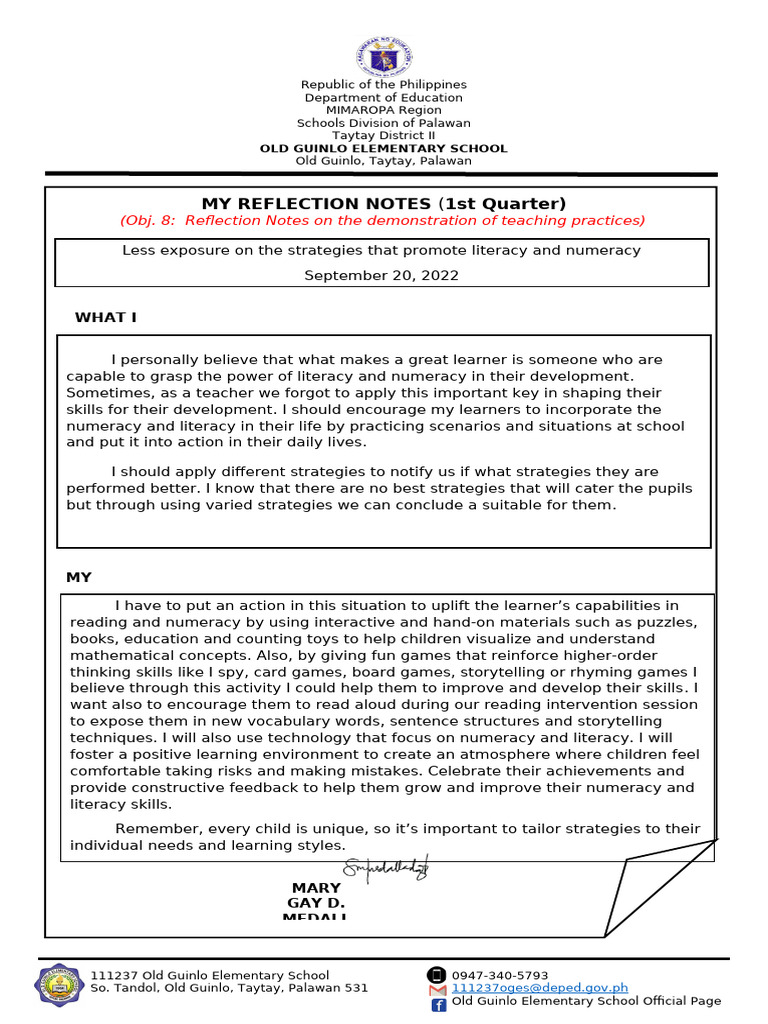 Reflection Notes Obj 8 Quarter 1 Pdf 