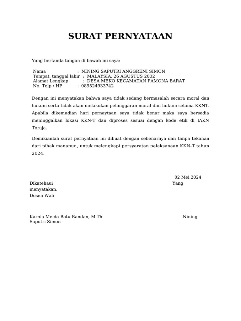 Format Surat Pernyataan Bermaterai | PDF