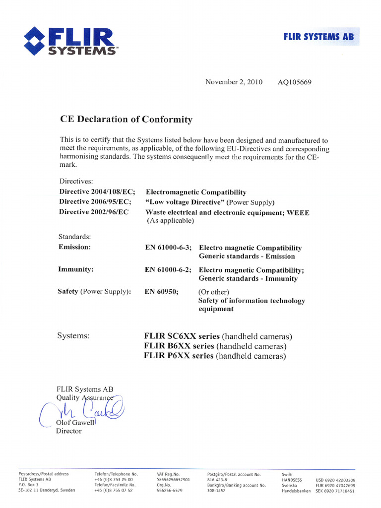 CE Declaration of Conformity FLIR SC6XX B6XX P6XX Handheld | PDF