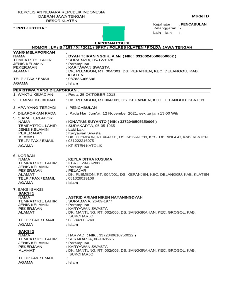 Laporan Polisi Model B | PDF