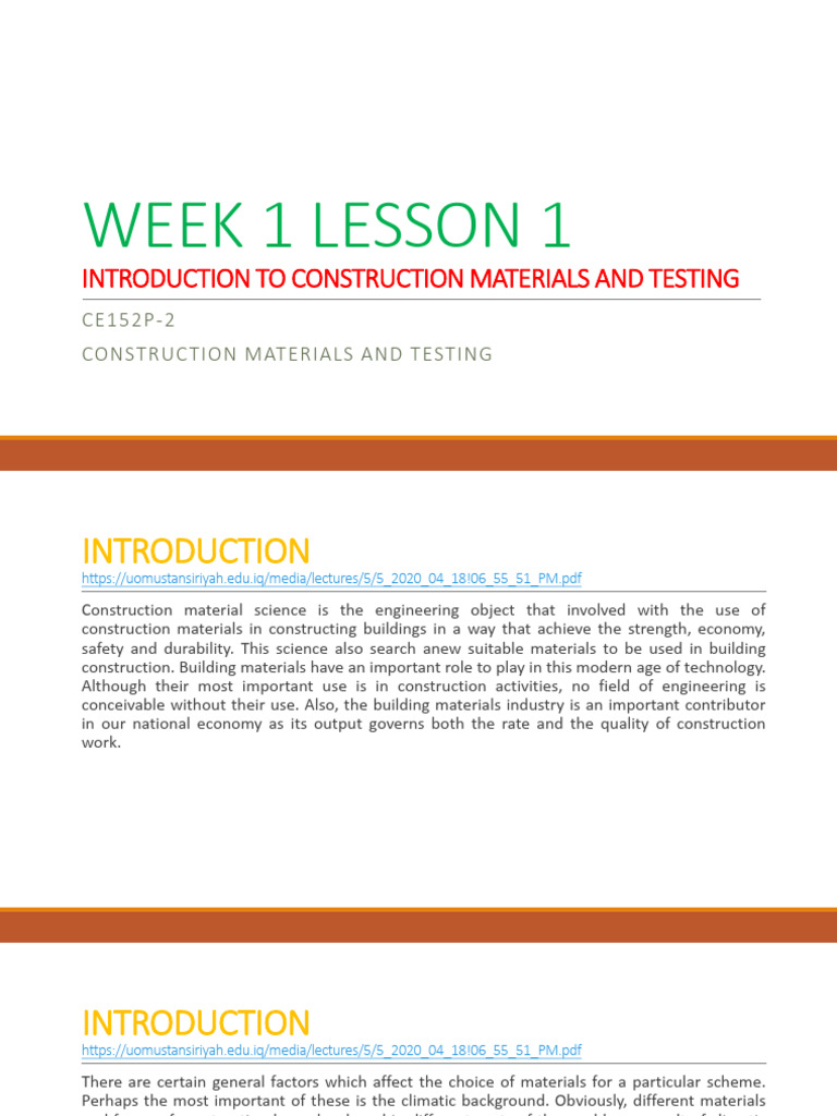 Week 1 Lesson 1 Introduction To Construction Materials and Testing | PDF