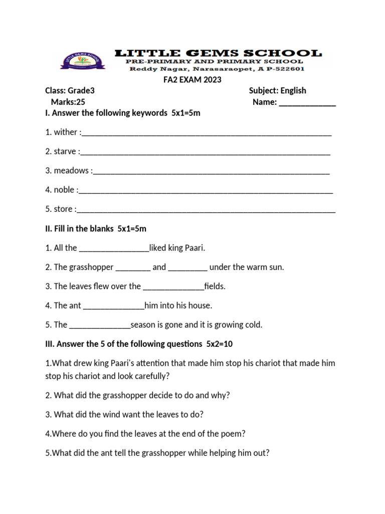 Grade 3 English Fa2 | PDF