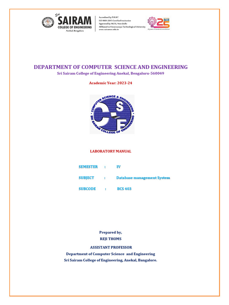 BCS403 DBMS Lab Manual Reji Thomas | PDF