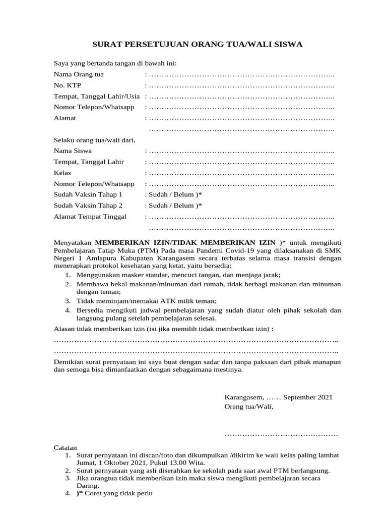 Form Surat IJin Ortu | PDF