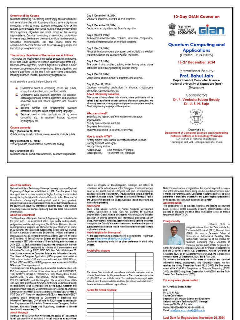 GIAN Quantum Computing and Applications Brochure - Dec 16-27, 2024 | PDF