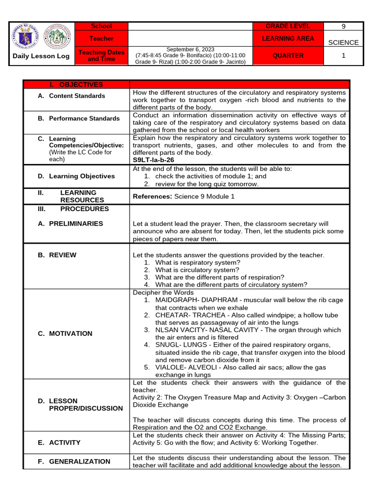 Daily Lesson Log Science 9 | PDF | Respiratory System | Lung