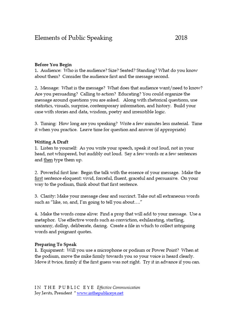 Warner Handout Elements of Public Speaking Javits - 0 | PDF