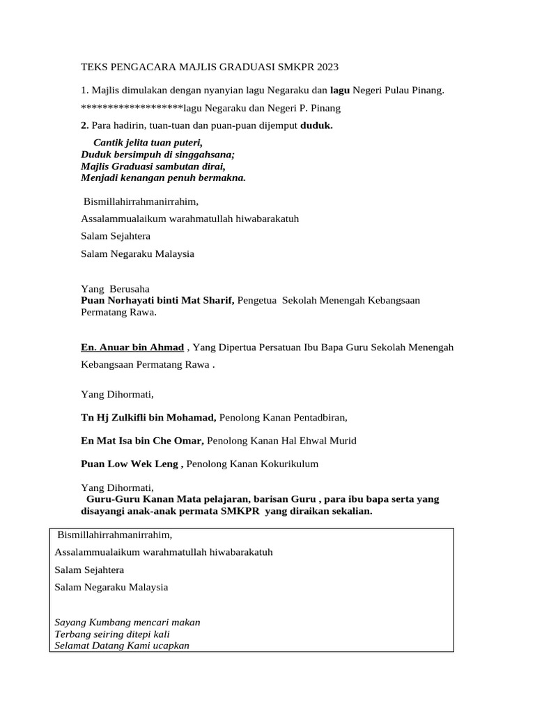 Teks Pengacara Majlis Graduasi SMKPR 2023 | PDF